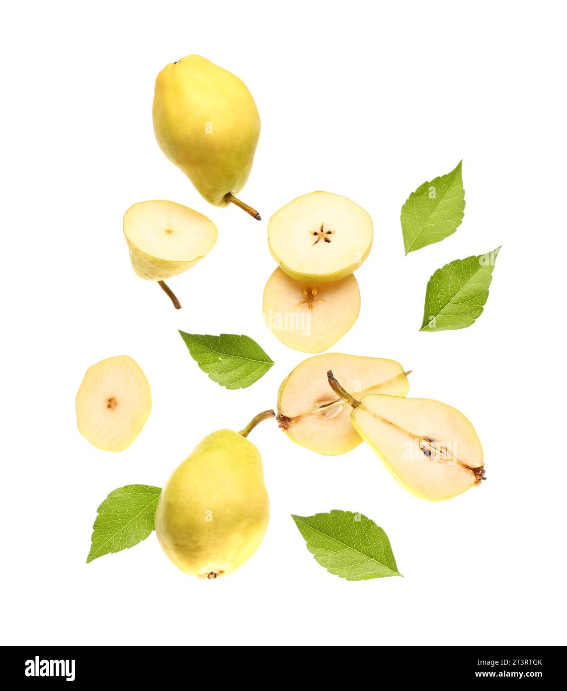Flying fresh pears and leaves on white background Stock Photo - Alamy