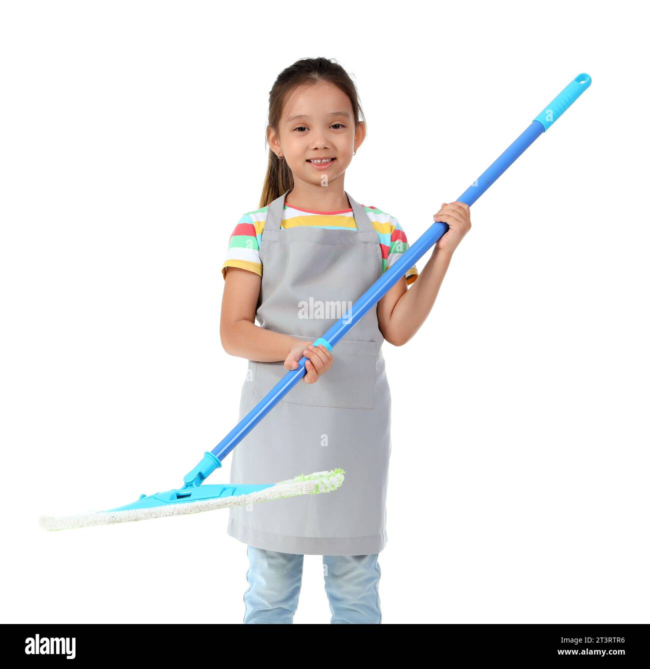 Cute little janitor with mop on white background Stock Photo - Alamy