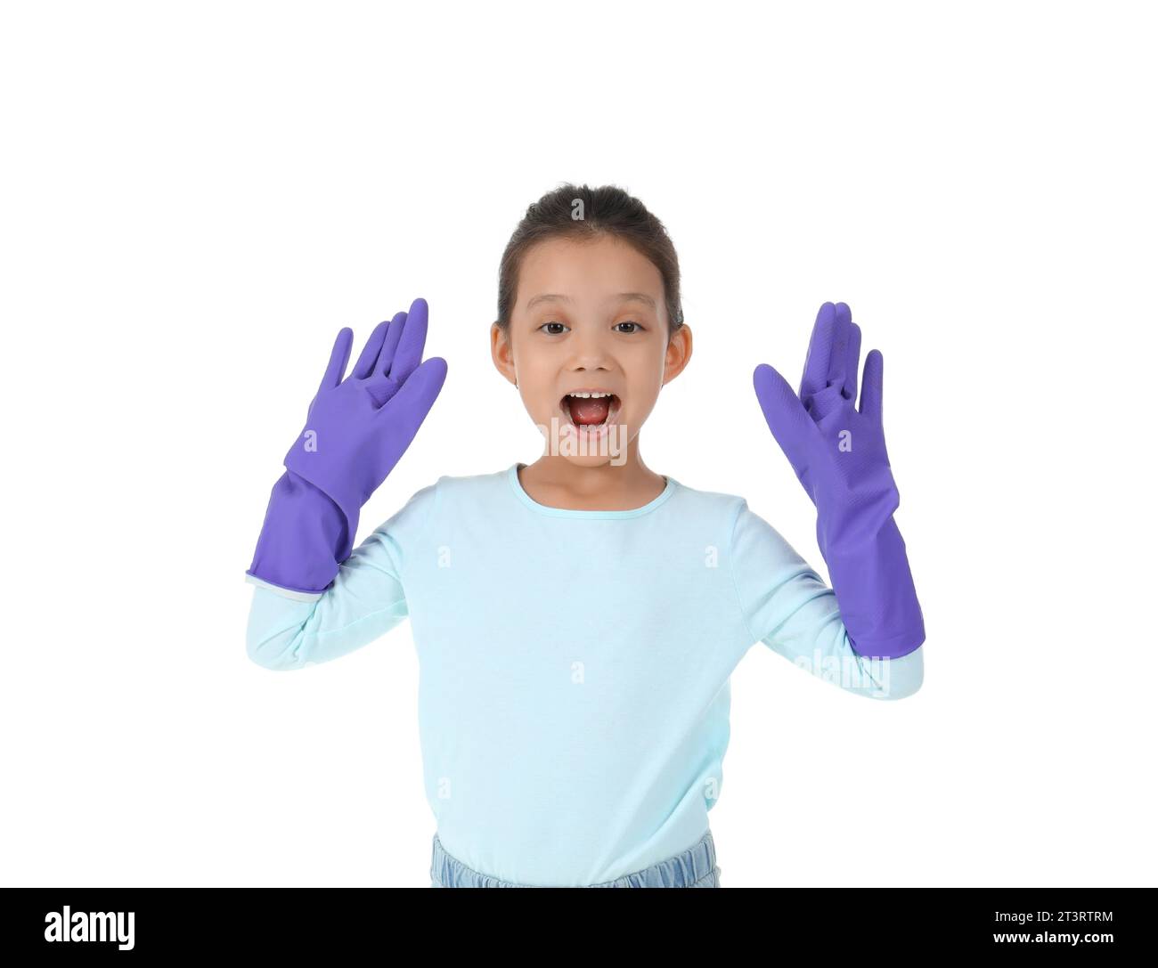 Cute little girl in rubber gloves on white background Stock Photo - Alamy
