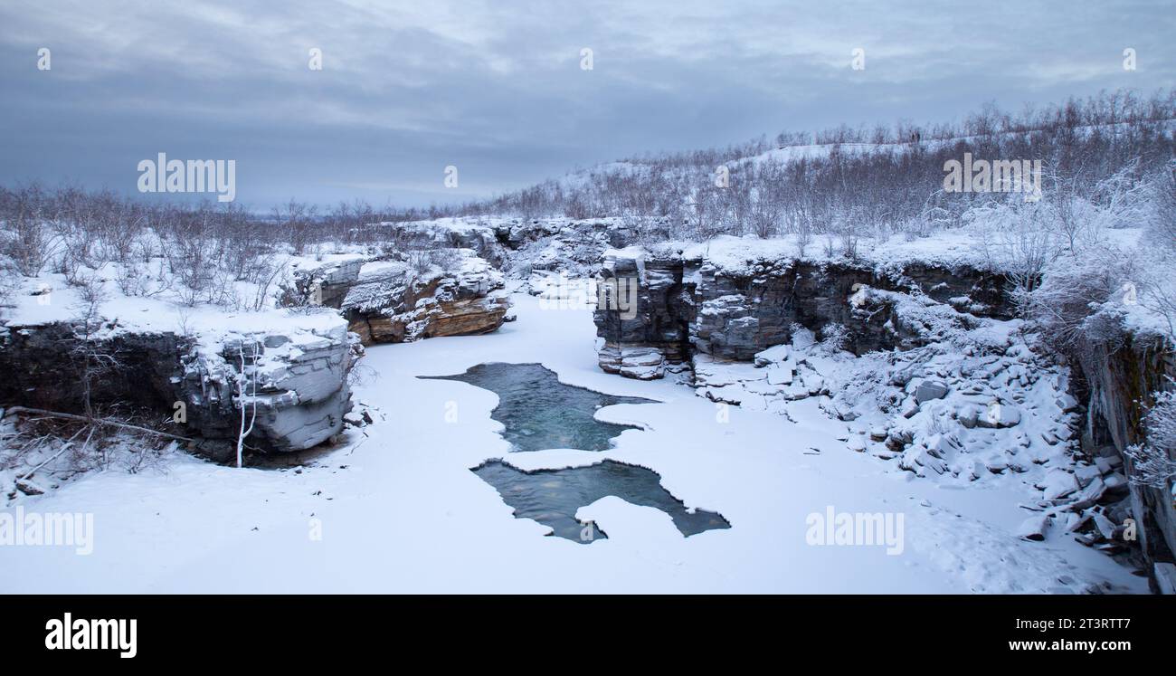 Snow covered Abisko Canyon in winter in the Abisko National Park ...