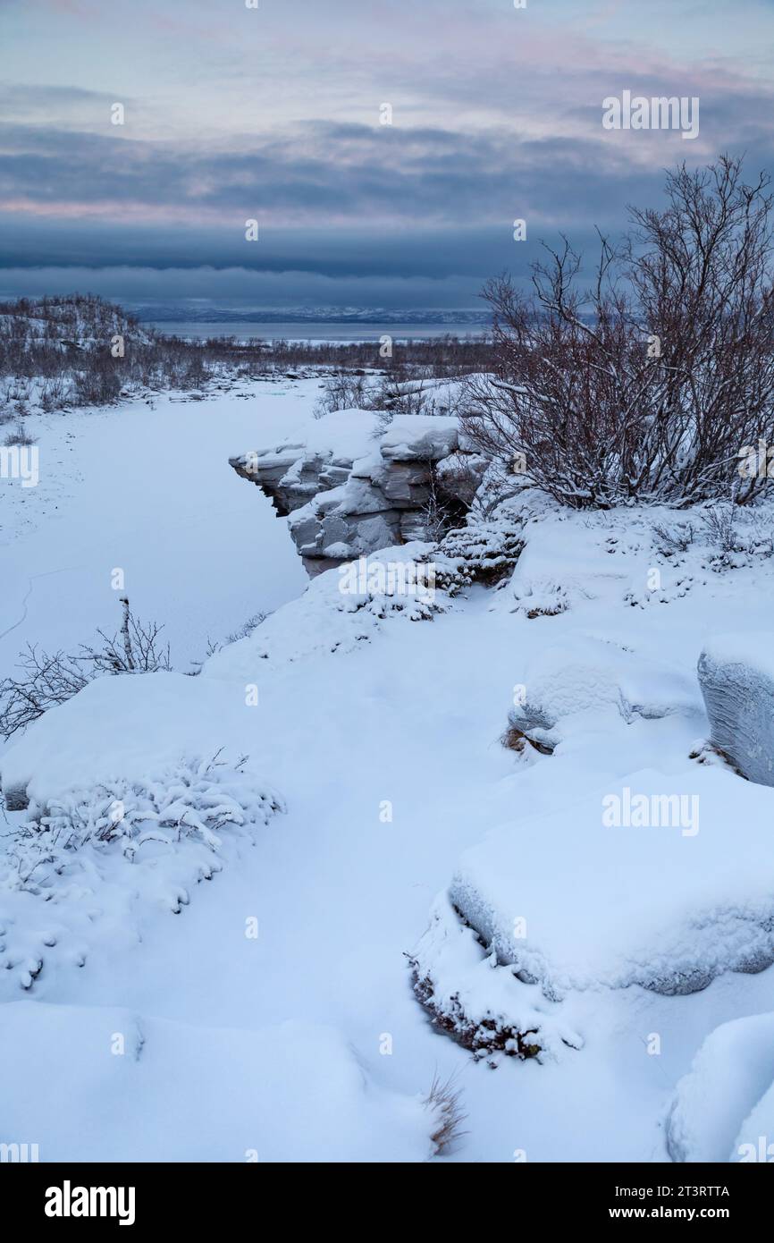 Snow covered Abisko Canyon in winter in the Abisko National Park ...