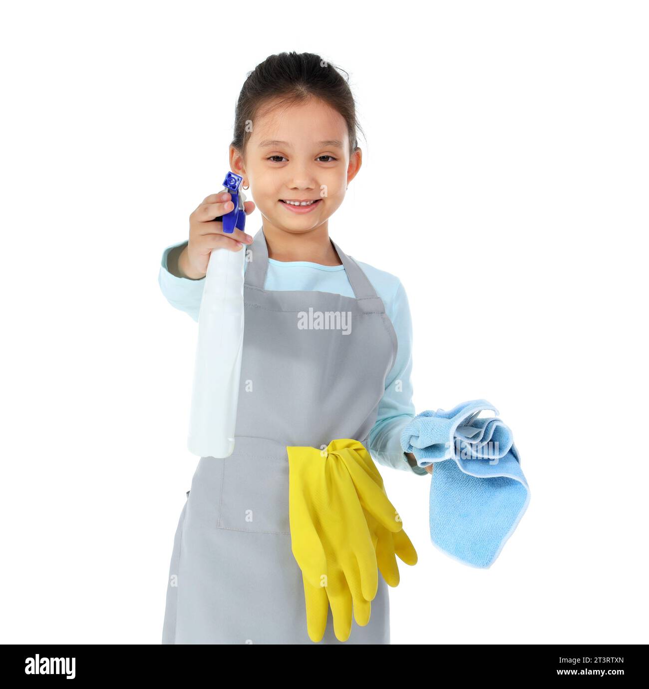 Cute little janitor with detergent and rag on white background Stock ...