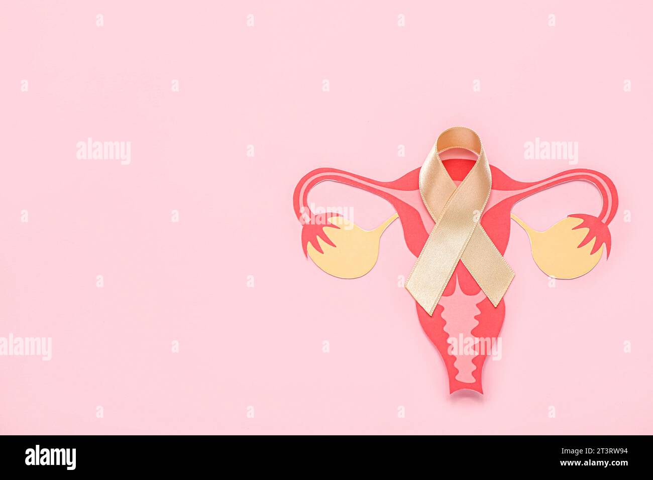 Paper uterus with beige ribbon on pink background. Cancer awareness ...