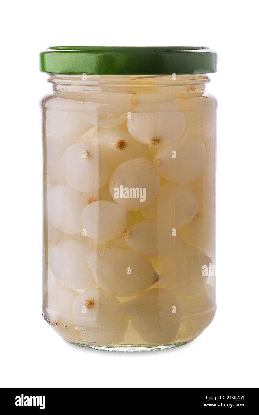 Pickled spring onions in glass jar isolated on white with clipping path ...