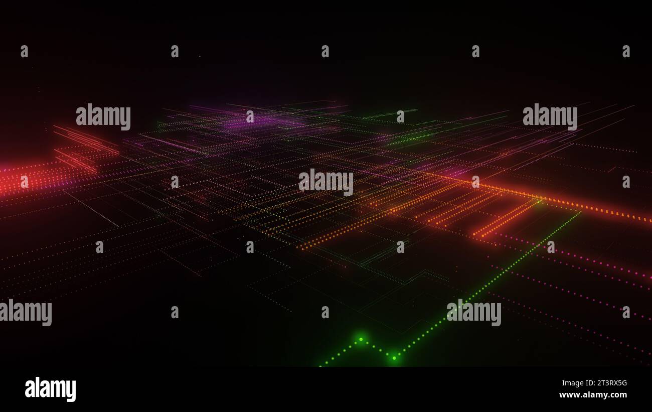 3D rendering of a digital neon mesh made of bright lines and dots ...