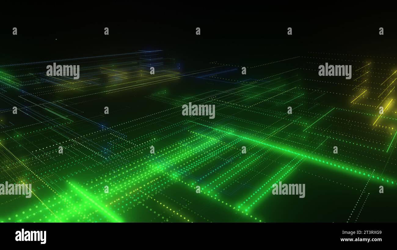 3D rendering of a digital neon mesh made of bright lines and dots ...