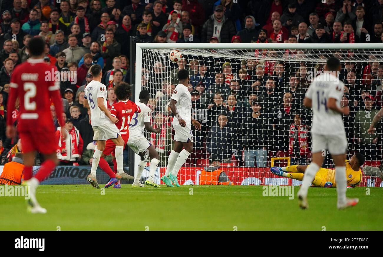 Liverpool's Mohamed Salah scores their side's fifth goal of the game ...