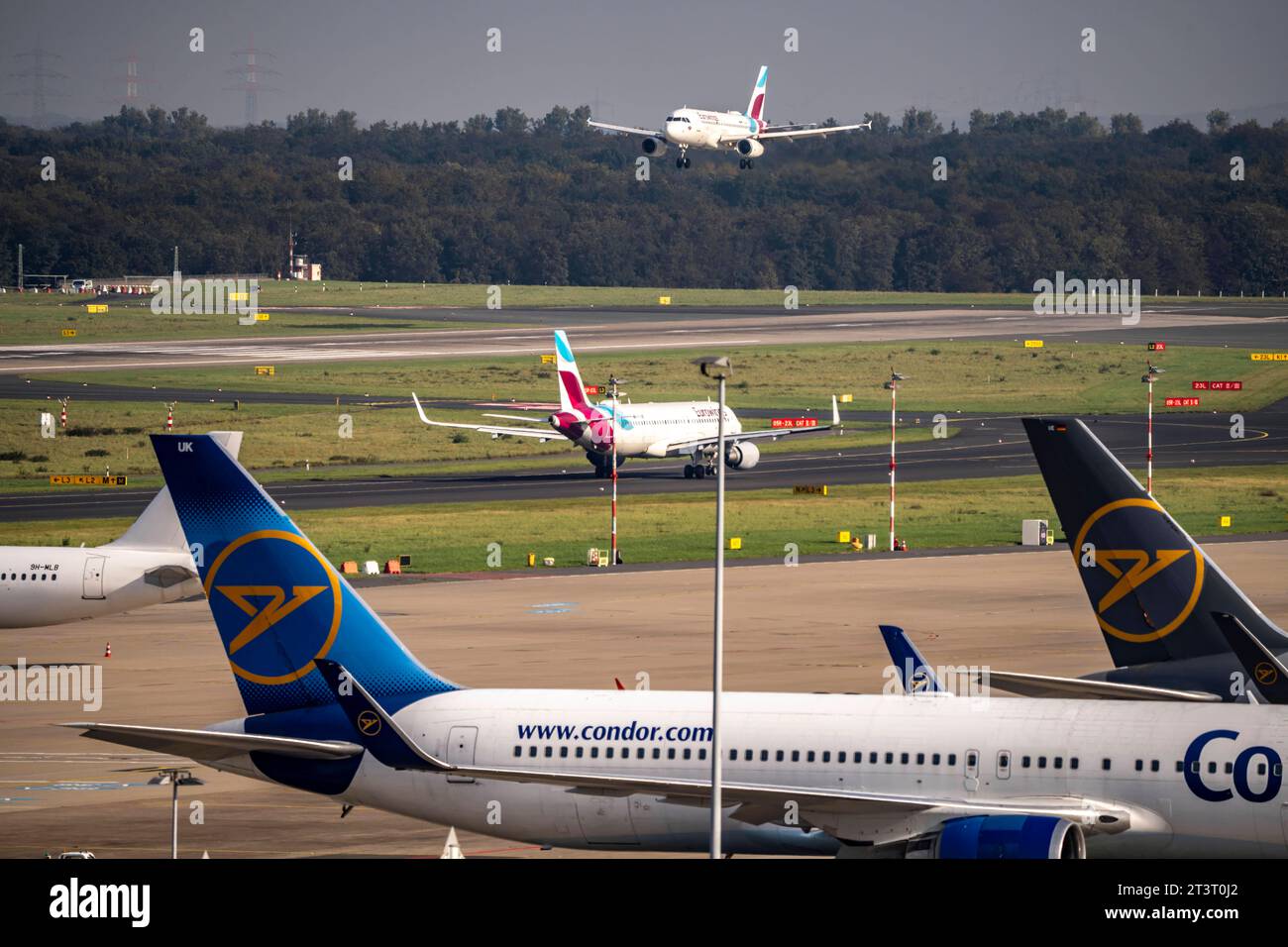 Flughafen Düsseldorf, Eurowings Flieger auf dem Taxiway und im Landeanflug, Condor Maschinen auf ...
