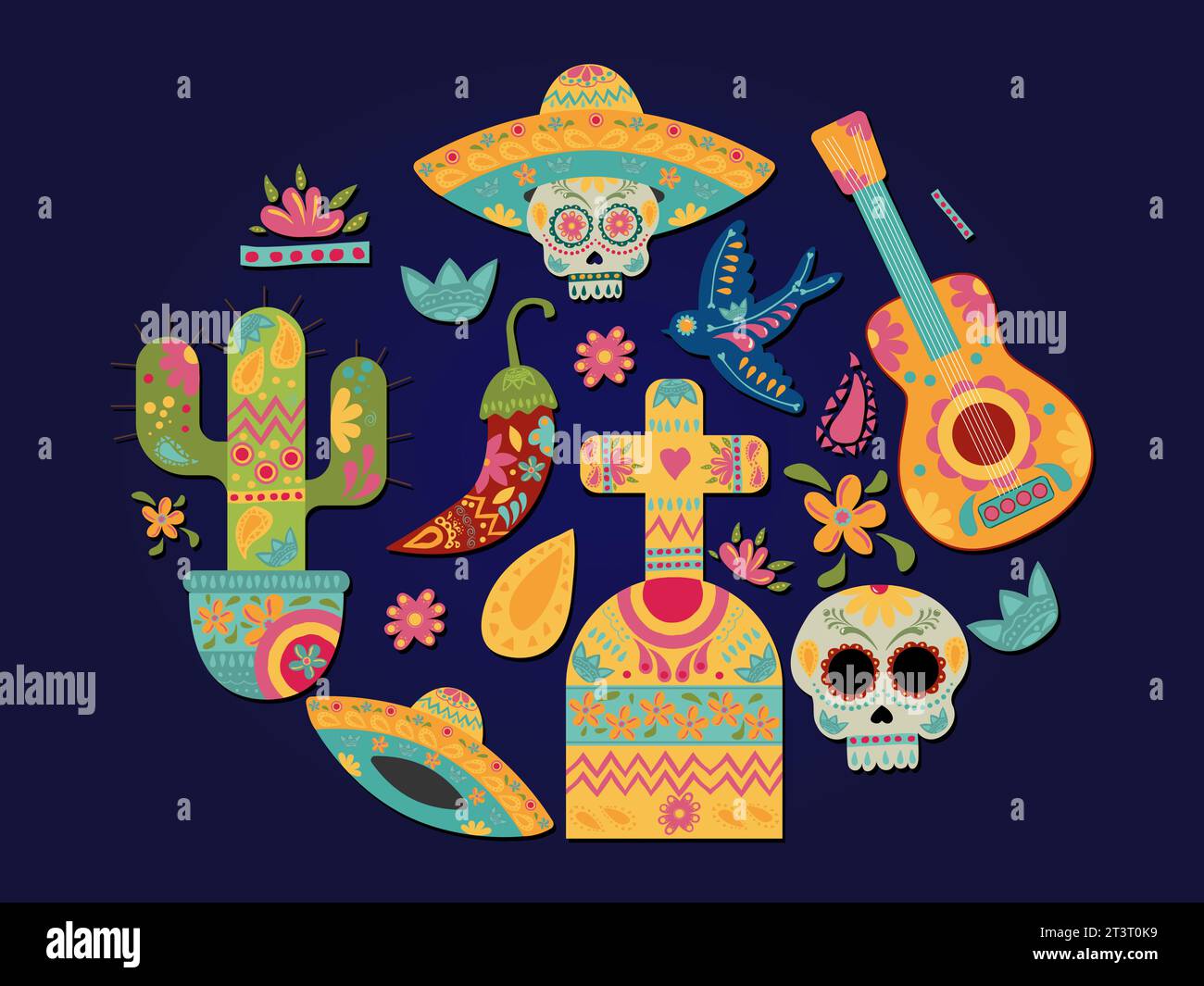 Hispanic Mexican culture. Traditional flower and scull elements. Fiesta, day of dead. Hand drawn ...