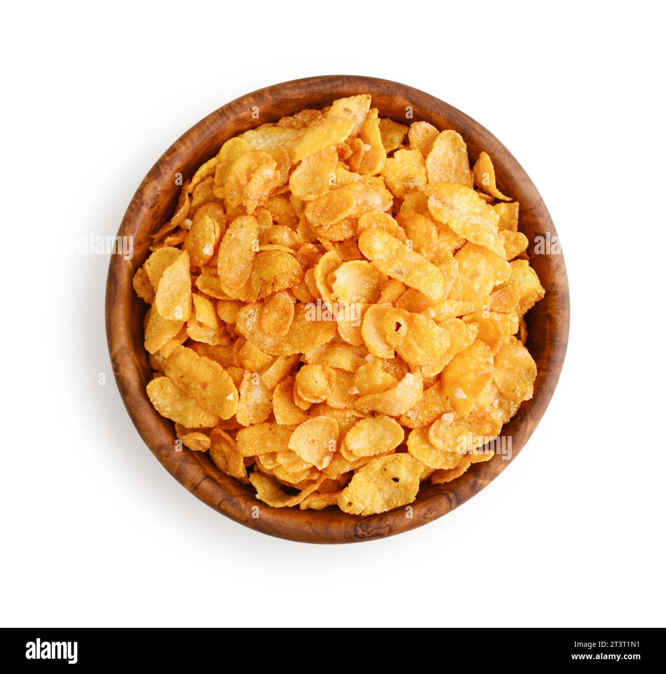 Corn flakes in wooden bowl isolated on white, top view Stock Photo - Alamy