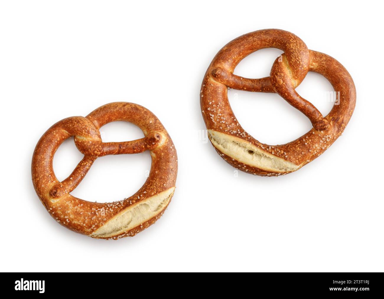 Two soft pretzels with sesame seeds isolated on white background, top ...