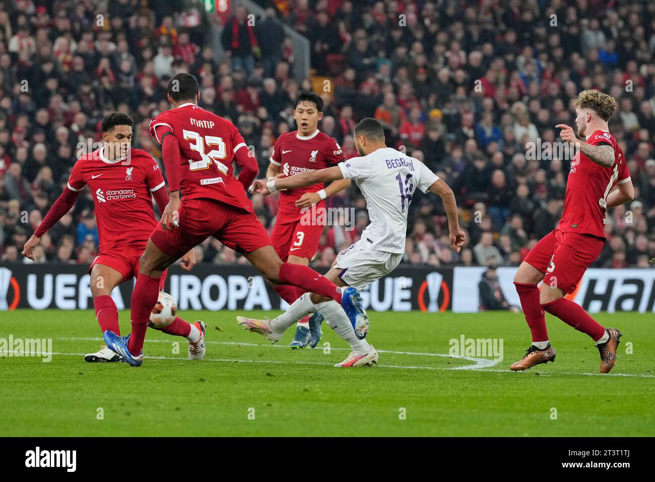 Yanis Begraoui #14 of Toulouse shoots on goal during the UEFA Europa ...