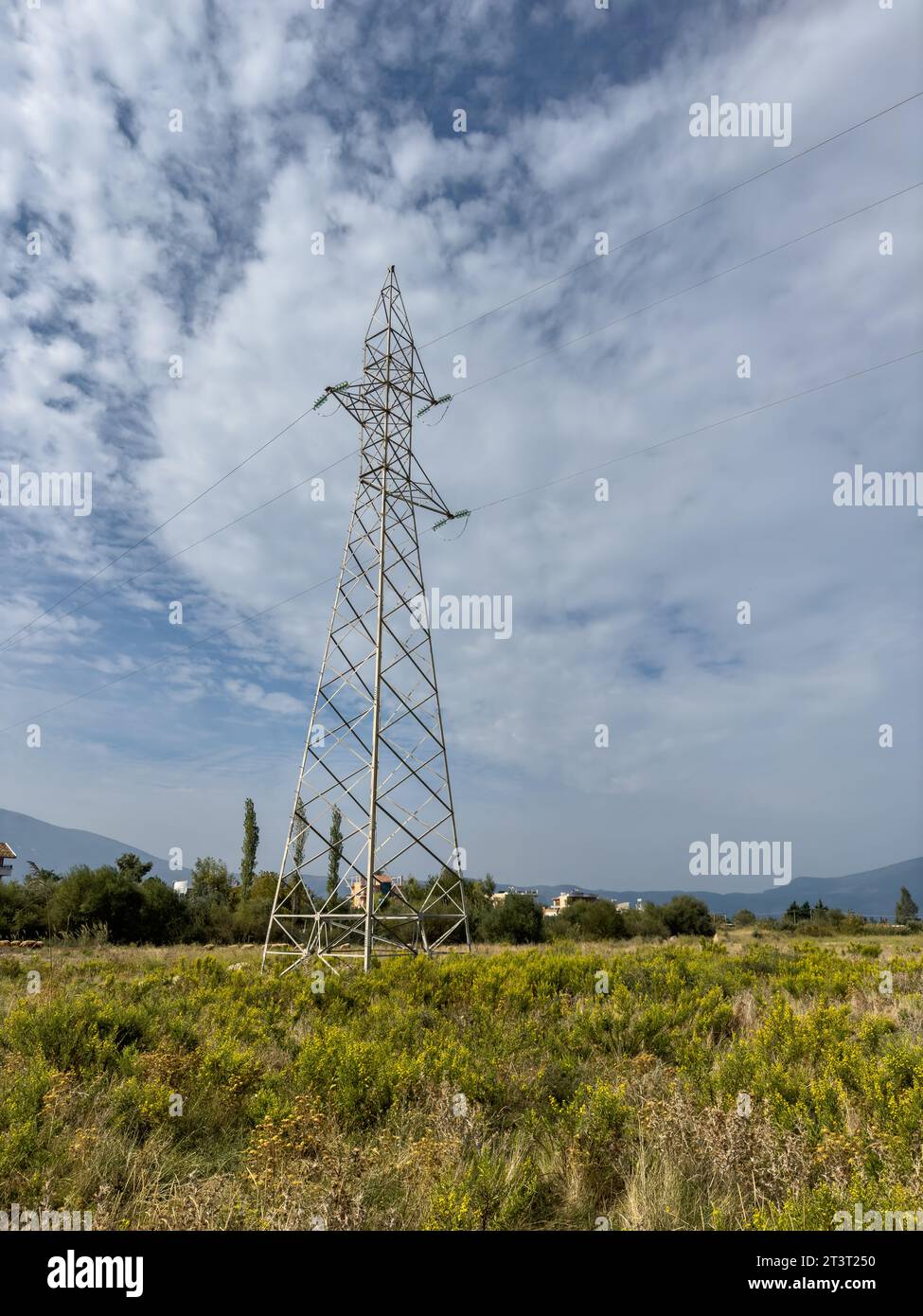 Overhead line pylons, high voltage pylons in meadow with mountains on ...