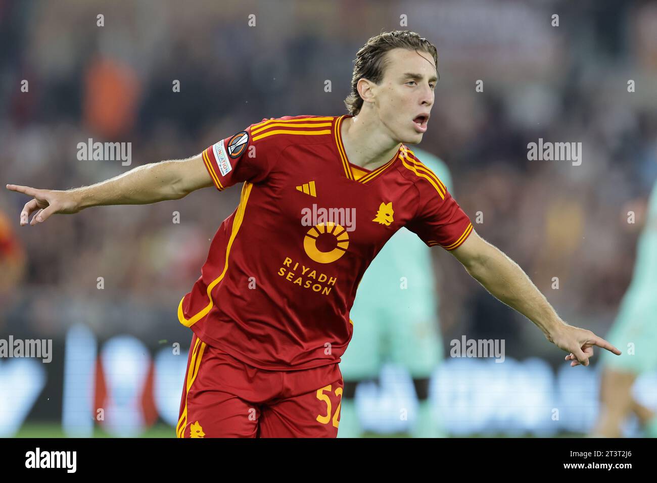 Roma’s Italian midfielder Edoardo Bove celebrates after scoring a goal ...