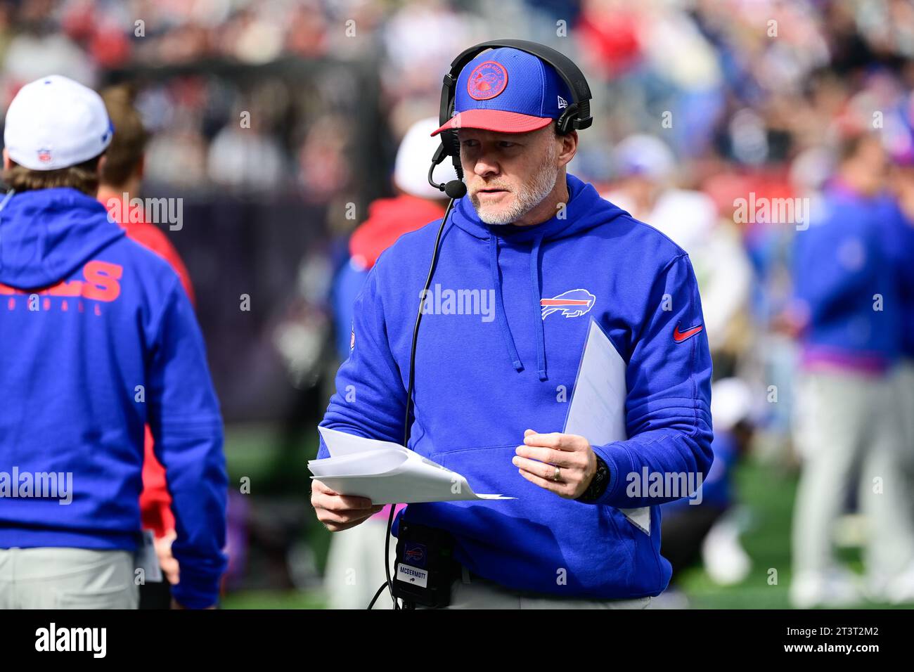 Oct 22, 2023; Buffalo Bills head coach Sean McDermott works from the ...