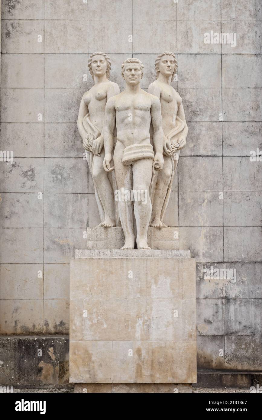 Neoclassical statues on the side of the modernist buildings of the ...