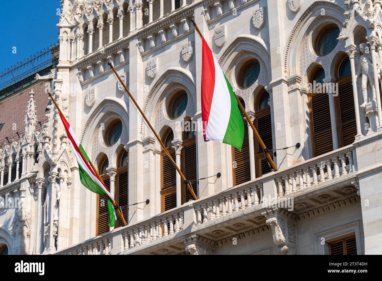 The balcony of the neo-Gothic building of the Hungarian legislature ...