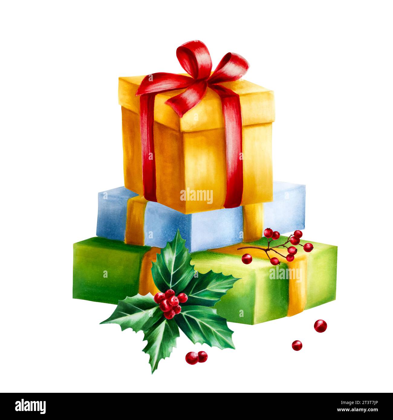 Watercolor composition with christmas stack of gift boxes and holly ...