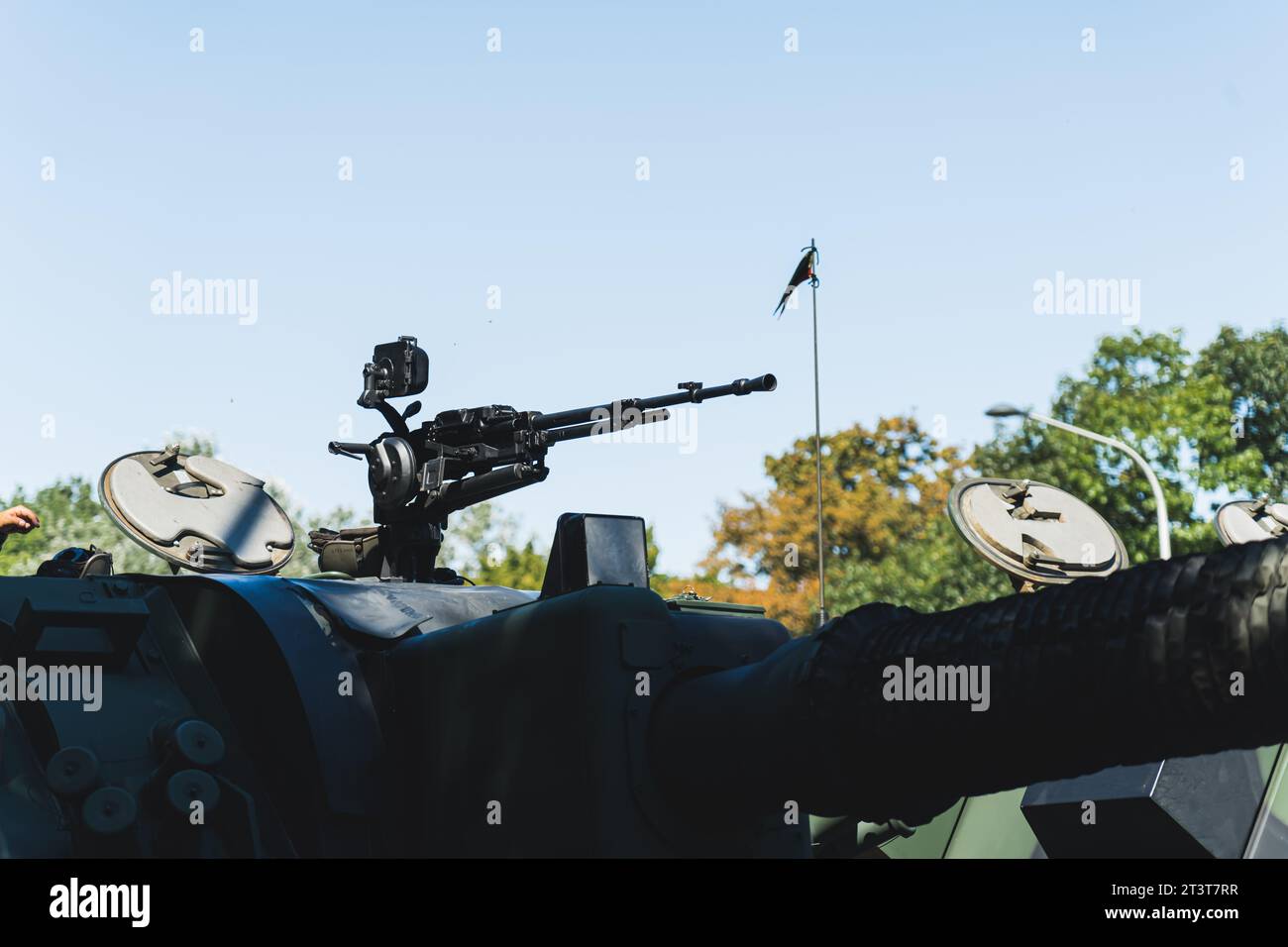 Outdoor military parade for patriotic purposes. Modern machine gun ...