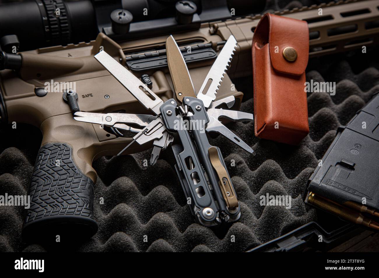Modern universal army multitool. A tool for all occasions. Gray foam ...