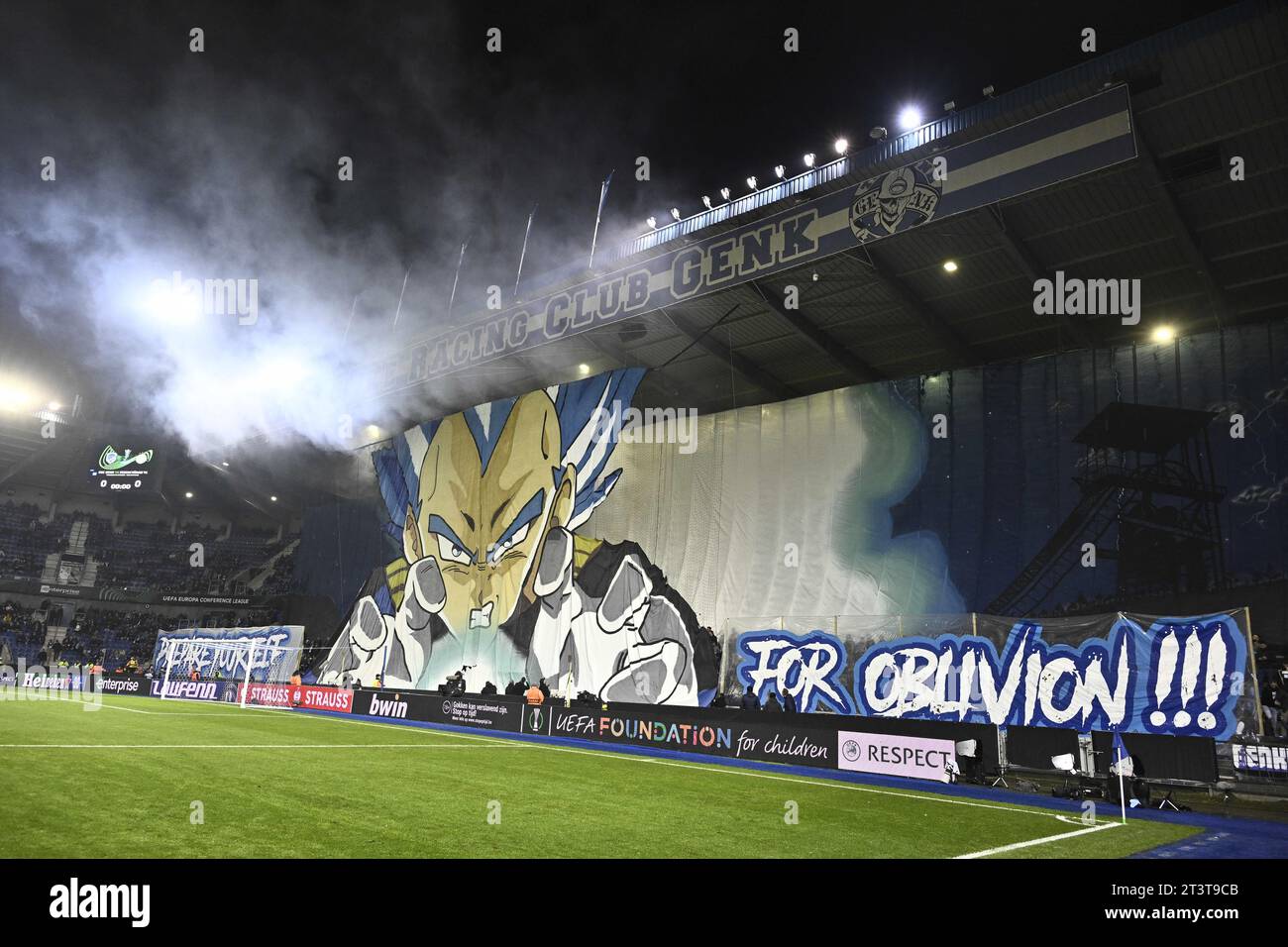 Genk, Belgium. 26th Oct, 2023. Tifo of KRC Genk pictured before a game ...