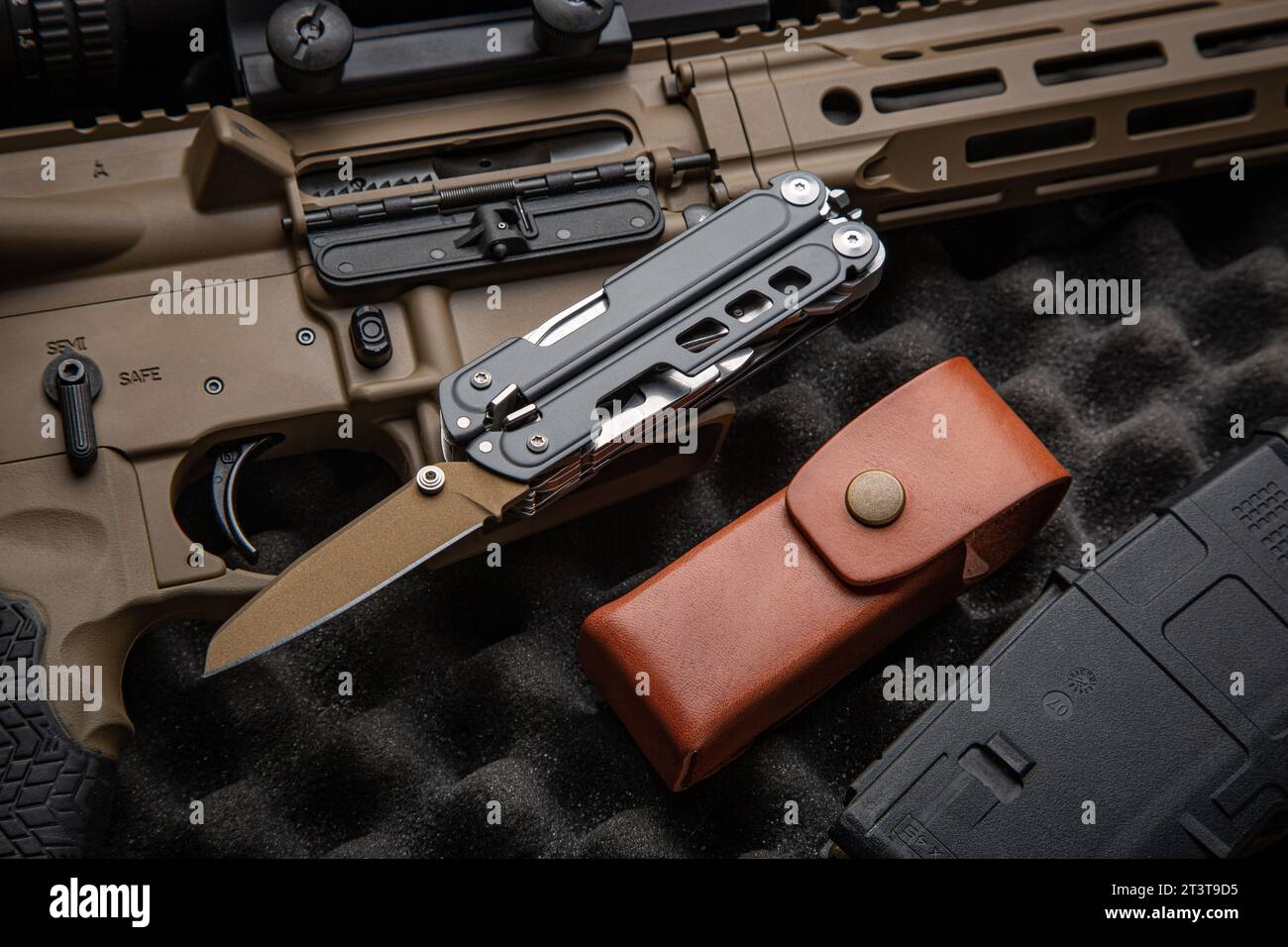 Modern universal army multitool. A tool for all occasions. Gray foam ...