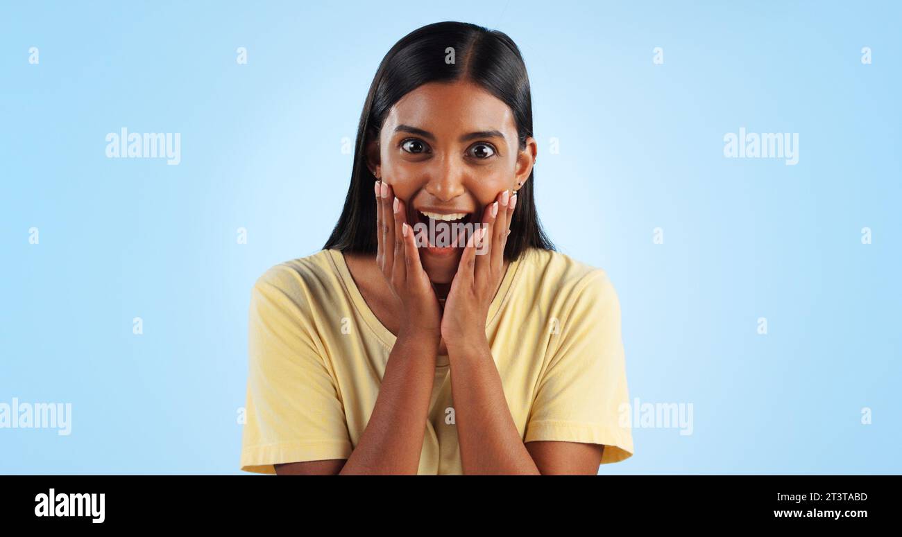Excited, woman and crazy portrait with wow, surprise and winner with a ...