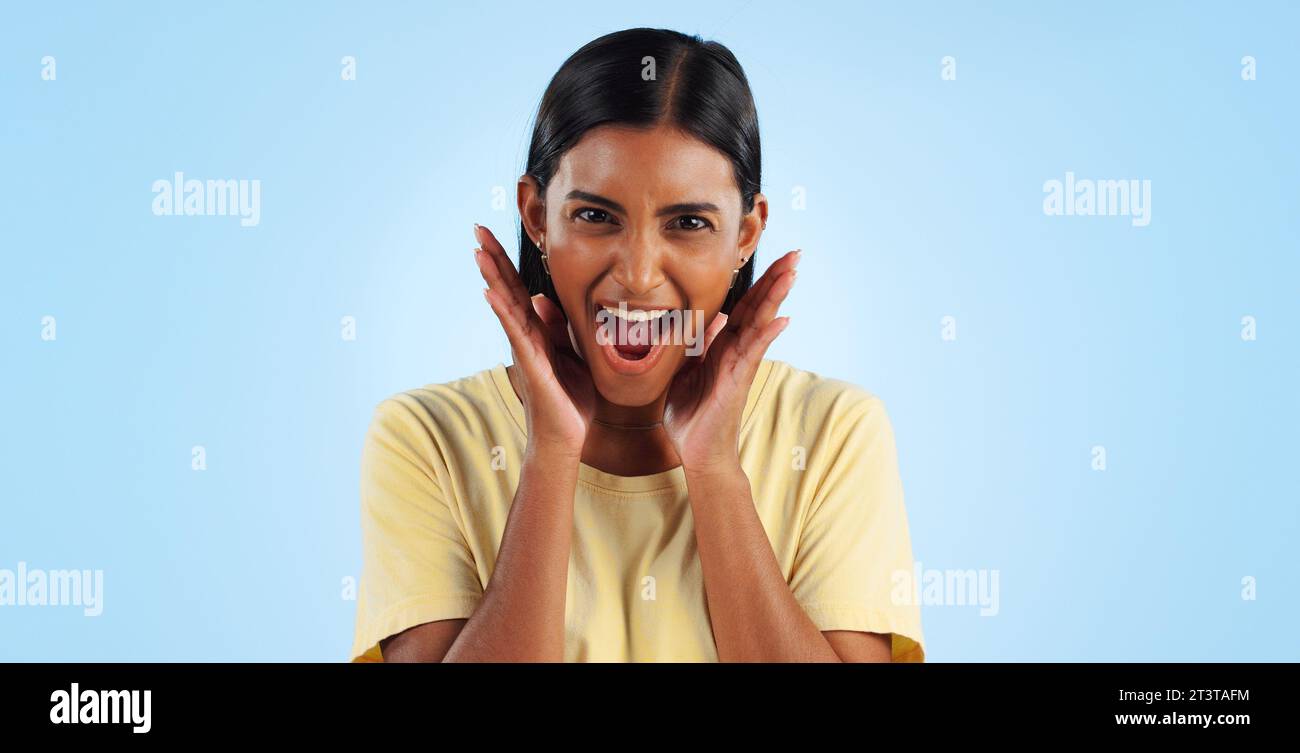 Wow, portrait and woman or excited for surprise, winner or announcement in studio with mock up ...