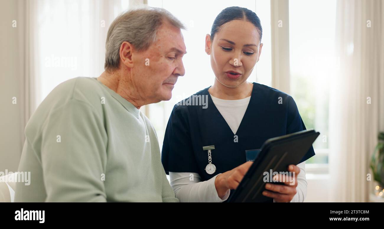 Elderly man, tablet and nurse consultation, healthcare and reading ...