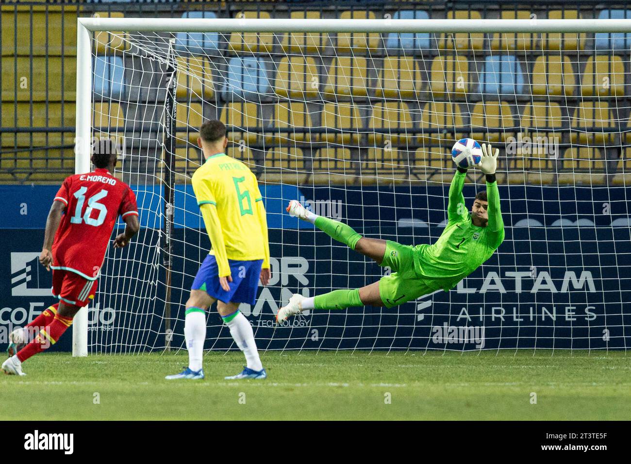 Santiago, Chile. 26th Oct, 2023. Mycael Pontes on defense for Brazil ...