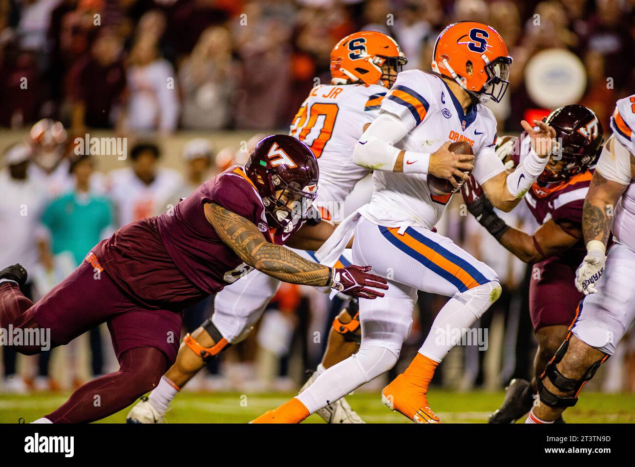 Blacksburg, VA, USA. 26th Oct, 2023. Virginia Tech Hokies defensive lineman Josh Fuga (6) sacks ...