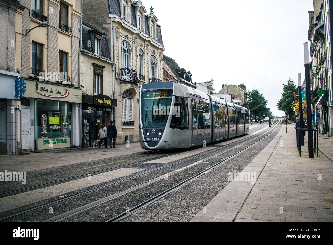 Reims, France - October 26, 2023 Modern electric tram rolling through ...
