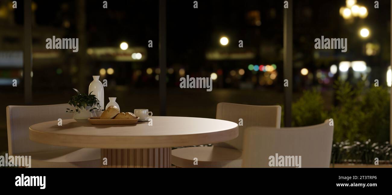 Close-up image of a copy space on a minimal round wood dining table ...