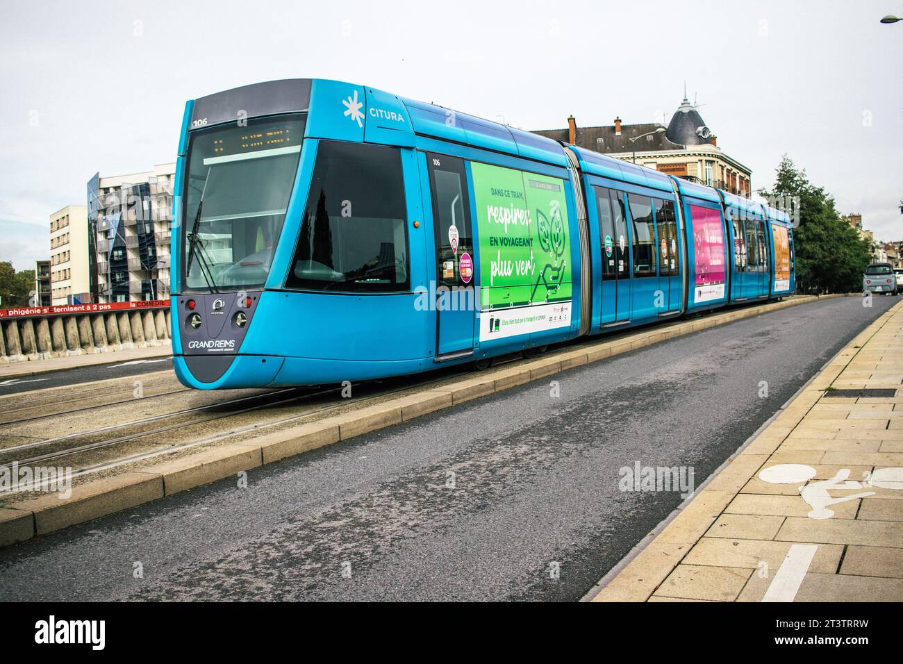 Reims, France - October 26, 2023 Modern electric tram rolling through ...