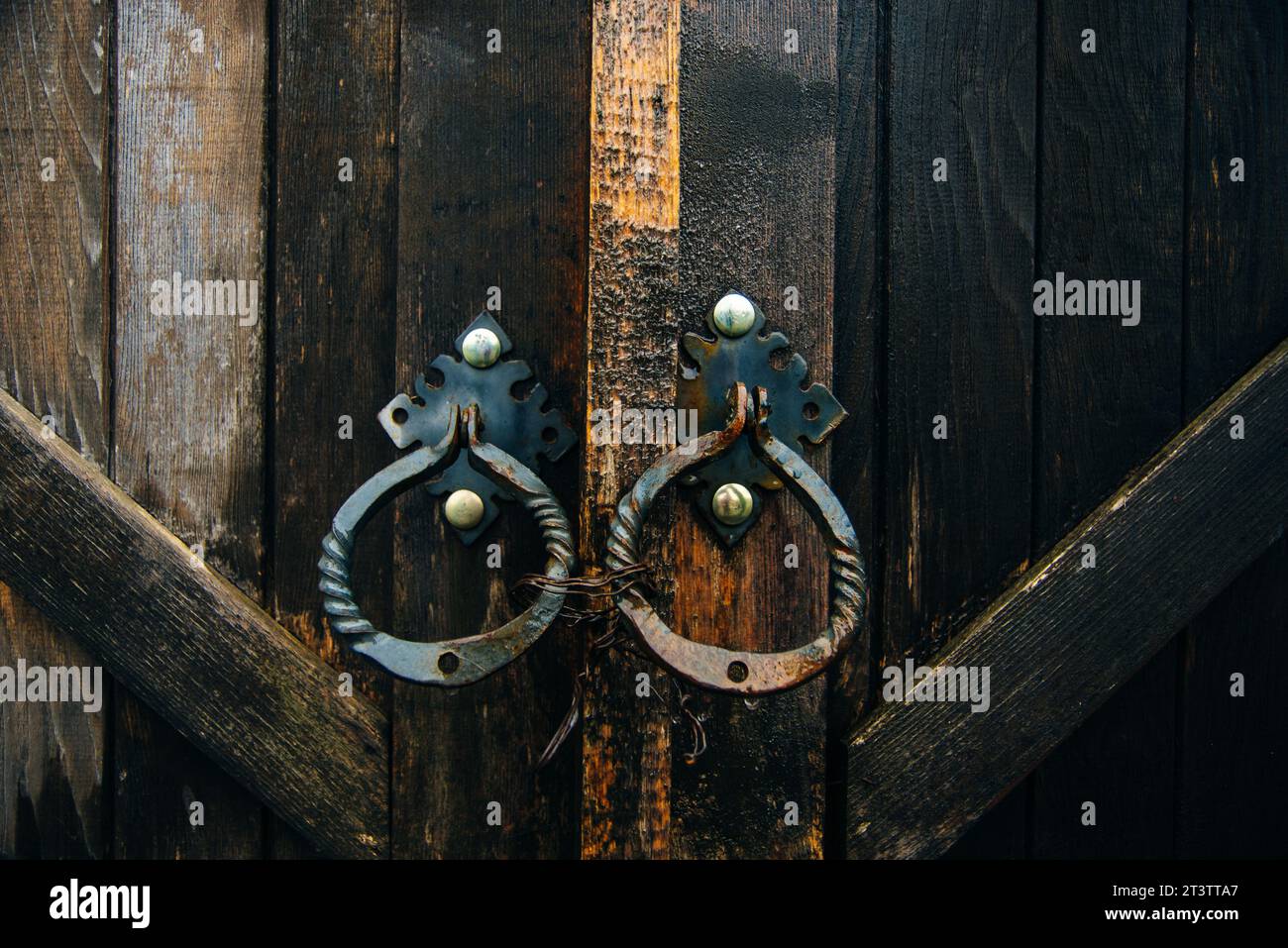 Close up of a heavy wooden plant double door, with iron hinges and ...