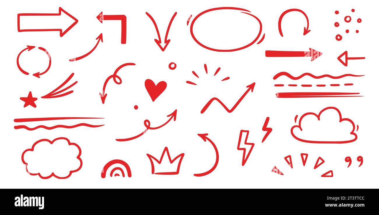 Hand drawn red line star sparkle, emphasis, underline element set. Hand ...