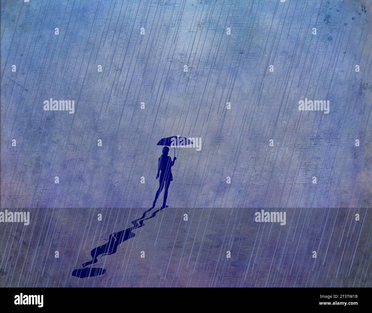 A girl with an umbrella is seen standing in the rain in a grunge filled ...