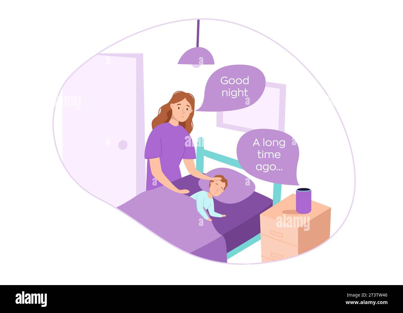 Work smart speaker concept. Mom asks the smart speaker to turn on a ...