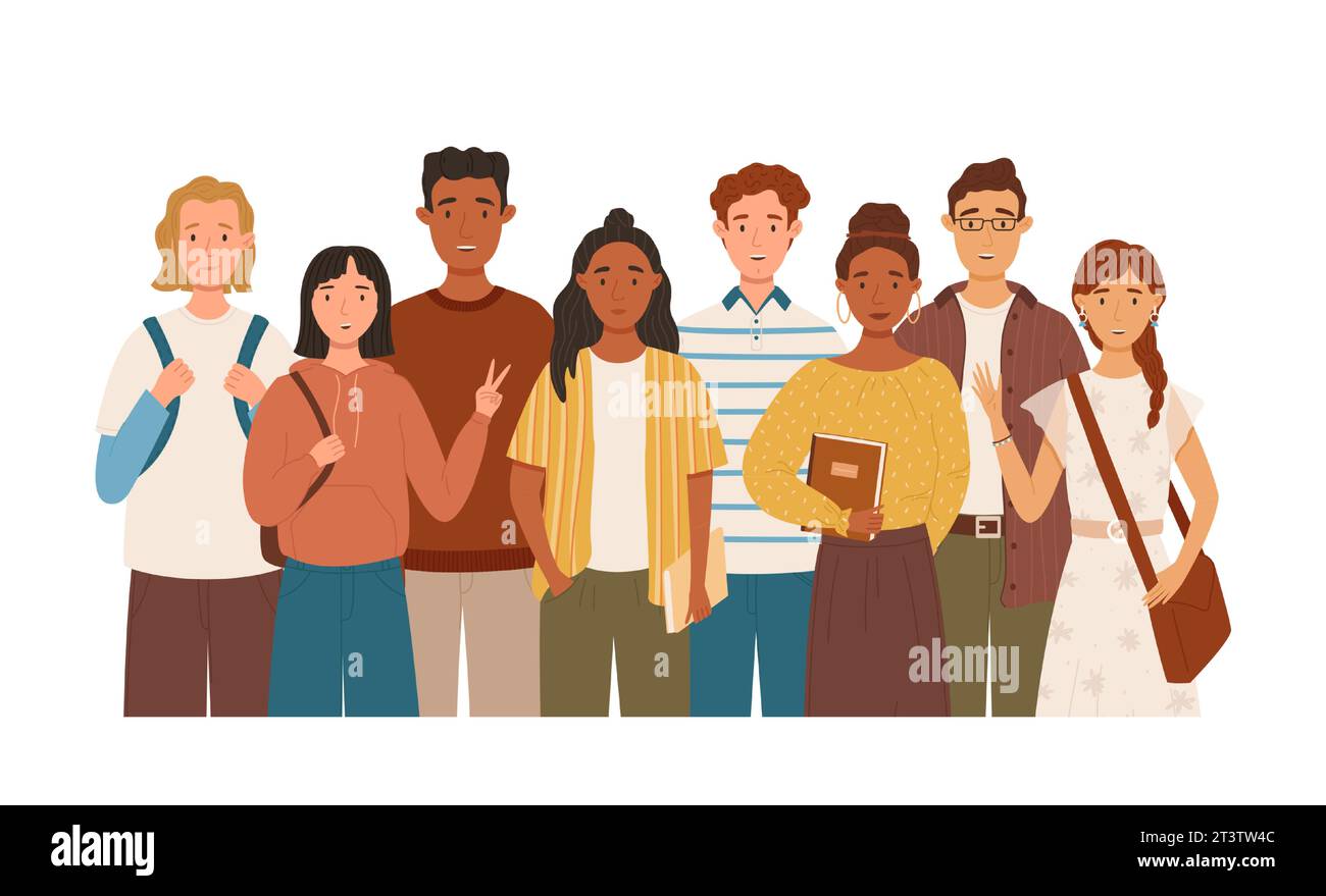 Group of students stand together flat vector illustration. Young girls ...