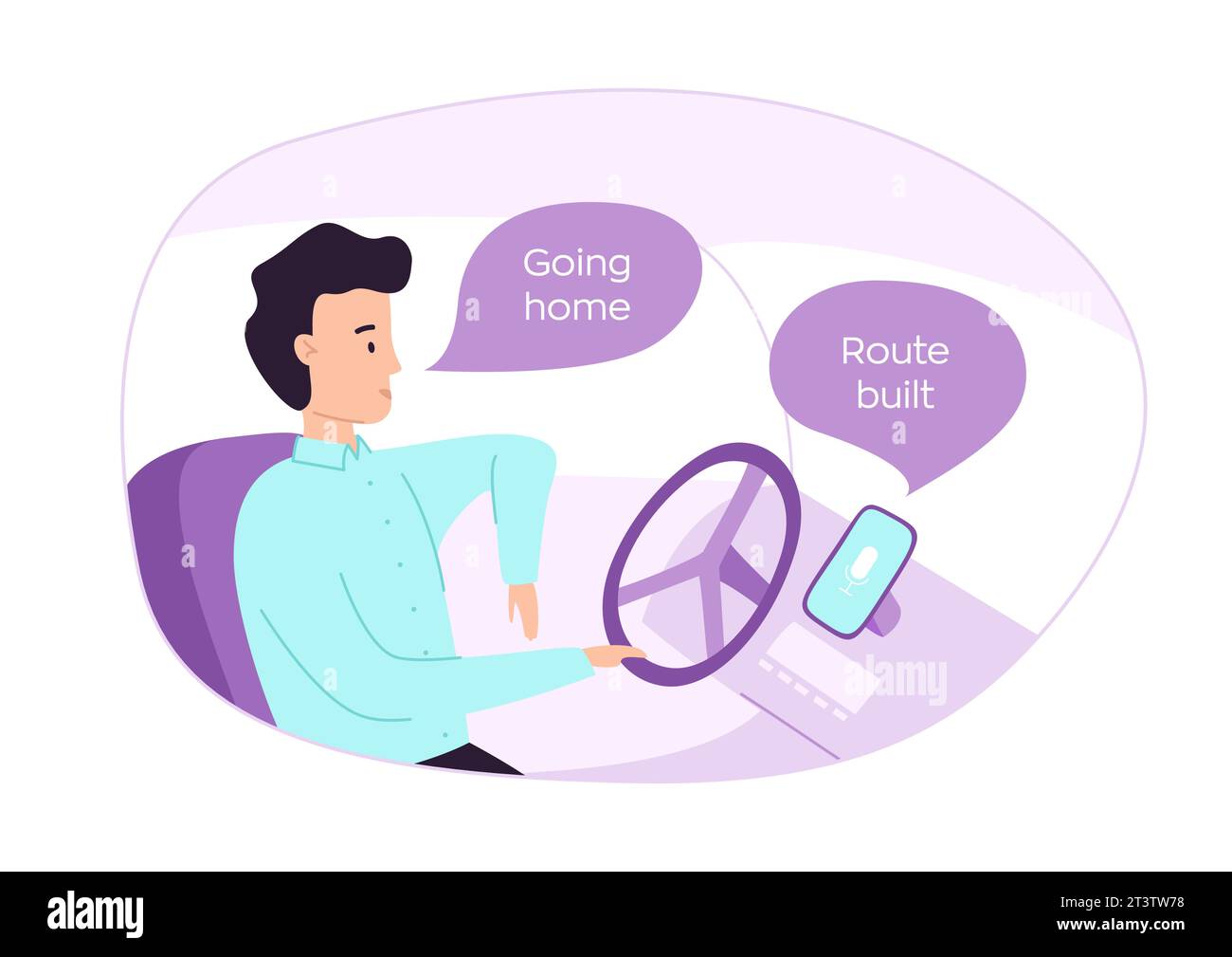 A man driving a car asks the voice assistant on the phone to get ...