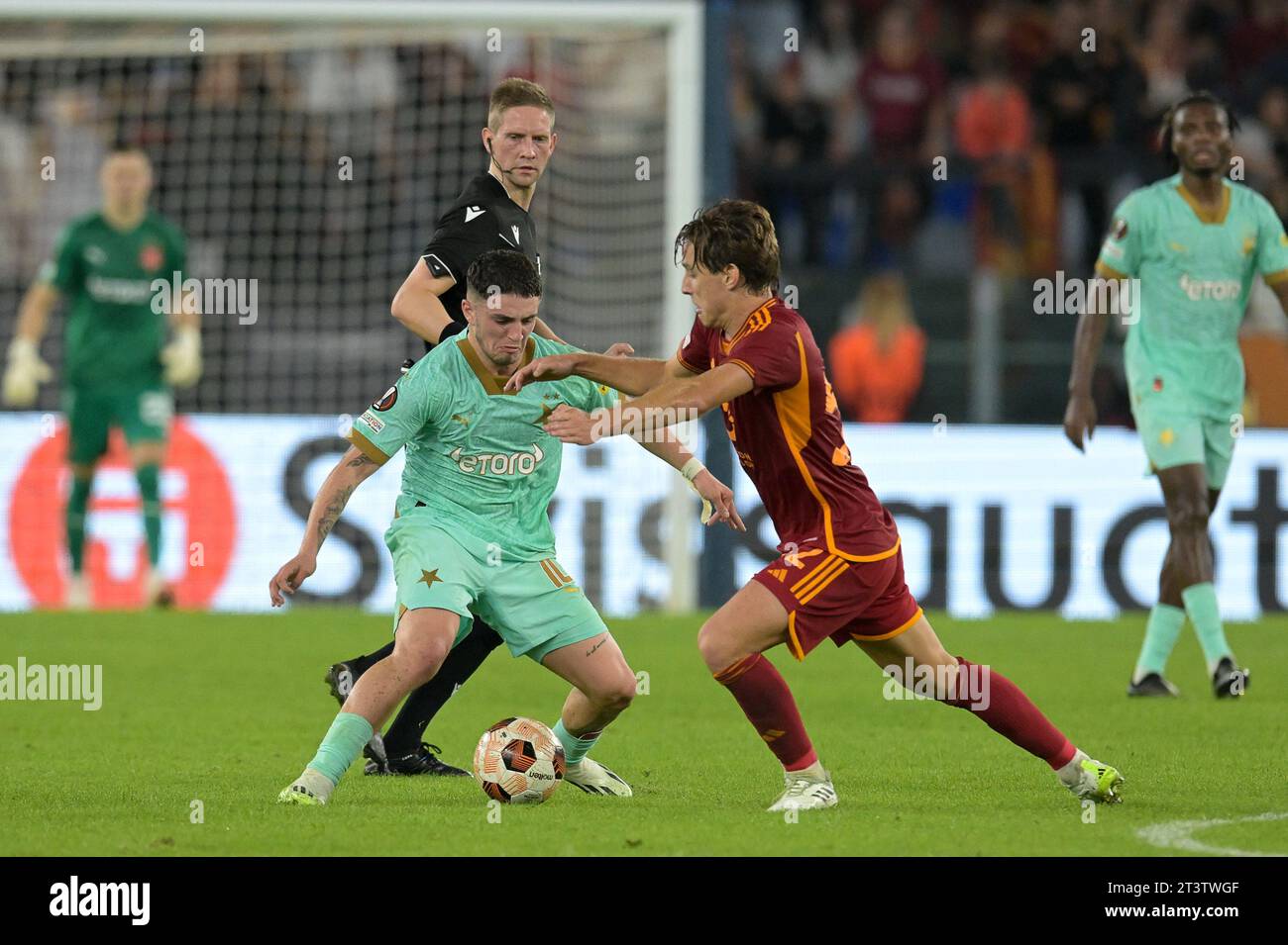 Christos Zafeiris of Slavia Praga and Edoardo Bove of AS Roma during ...
