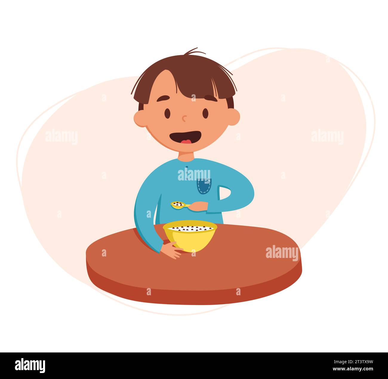 Cute boy having breakfast vector illustration. Child eats oatmeal with ...