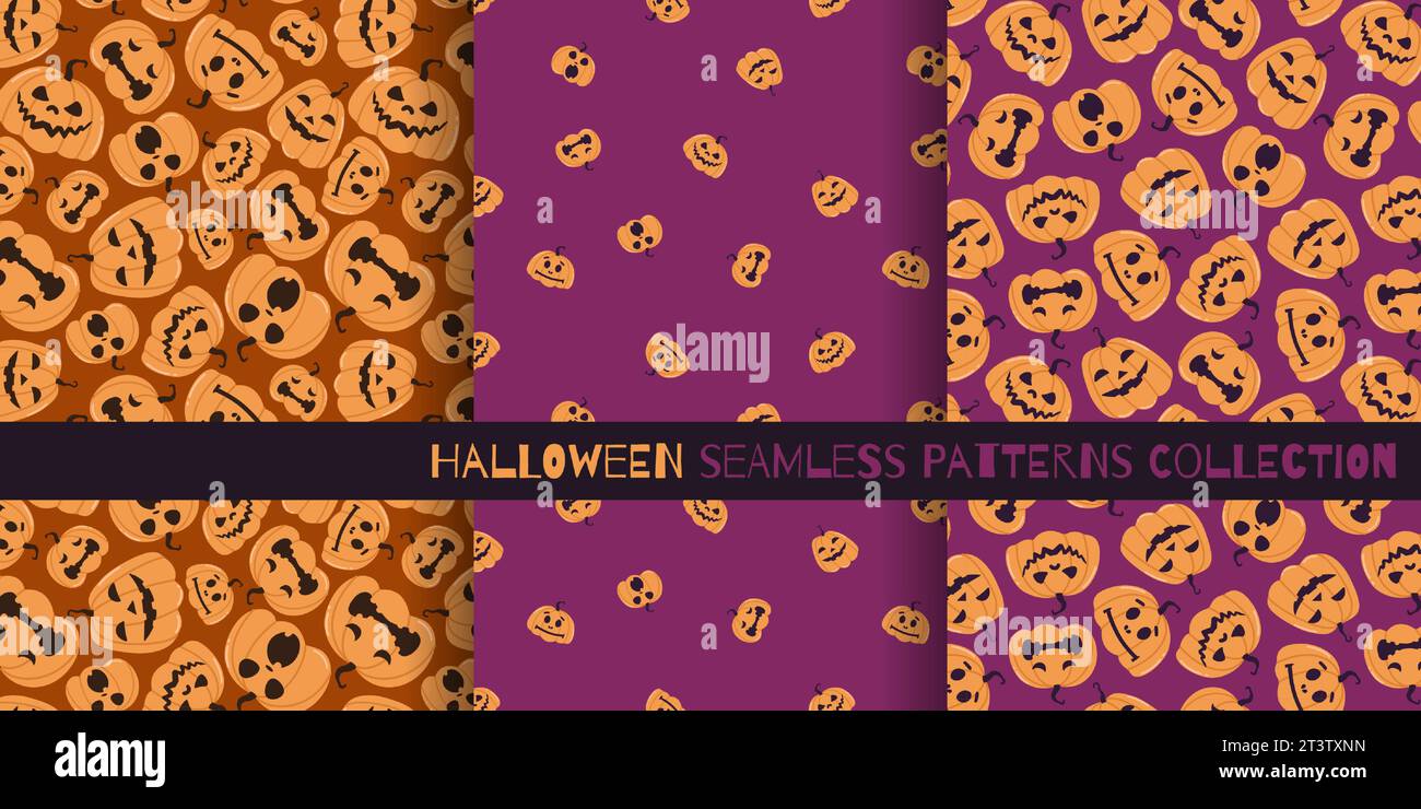 Halloween pumpkins seamless patterns collection. Ornament with pumpkins with different faces ...