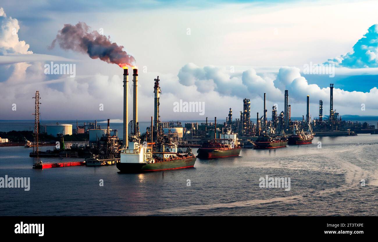 Oil refinery cargo ships with pollution emission overlooking cloud sky ...