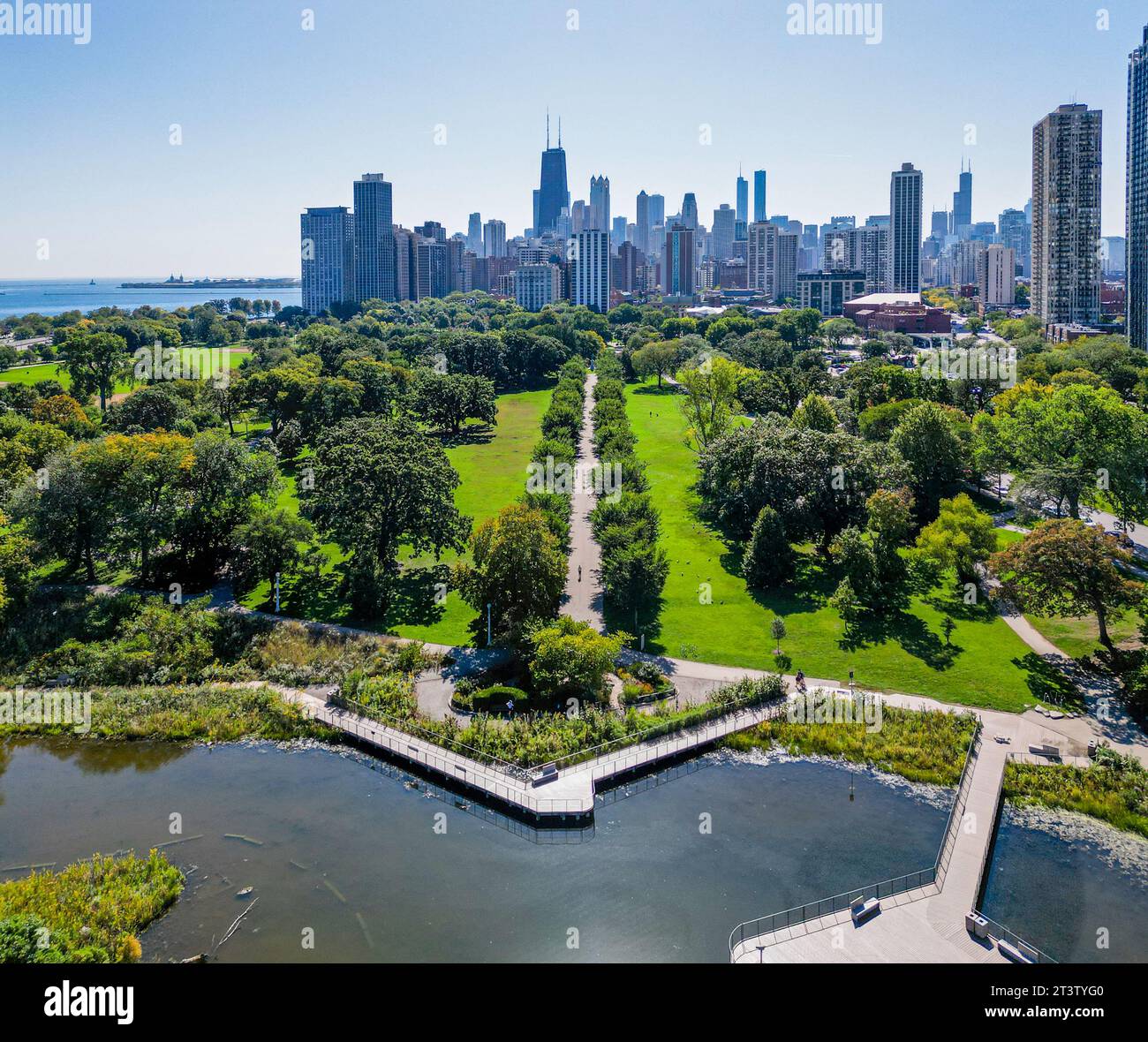 High resolution beautiful panoramic aerial drone image of Lincoln Zoo Chicago and Chicago's ...
