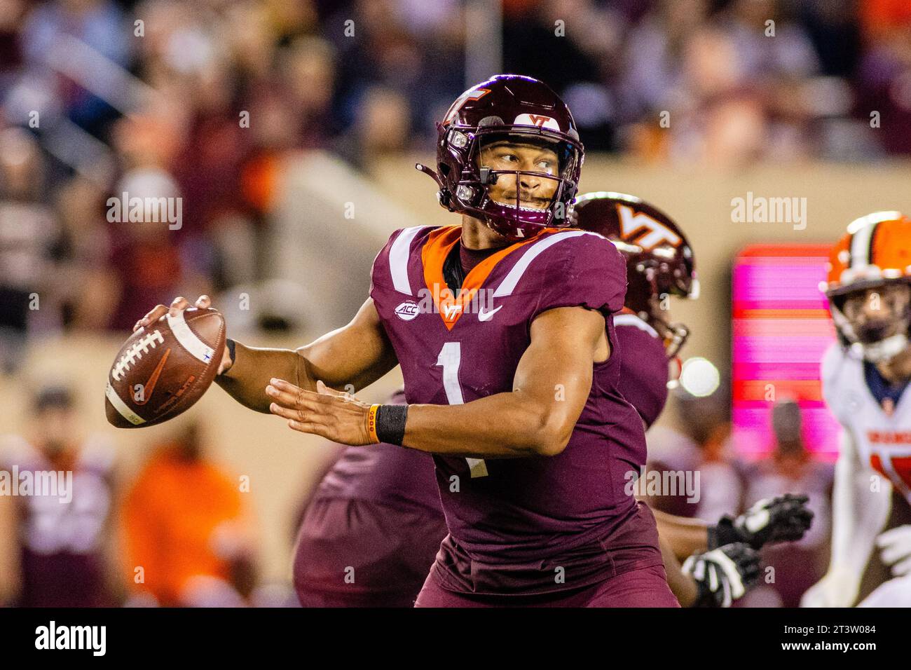 Blacksburg, VA, USA. 26th Oct, 2023. Virginia Tech Hokies quarterback Kyron Drones (1) throws on ...