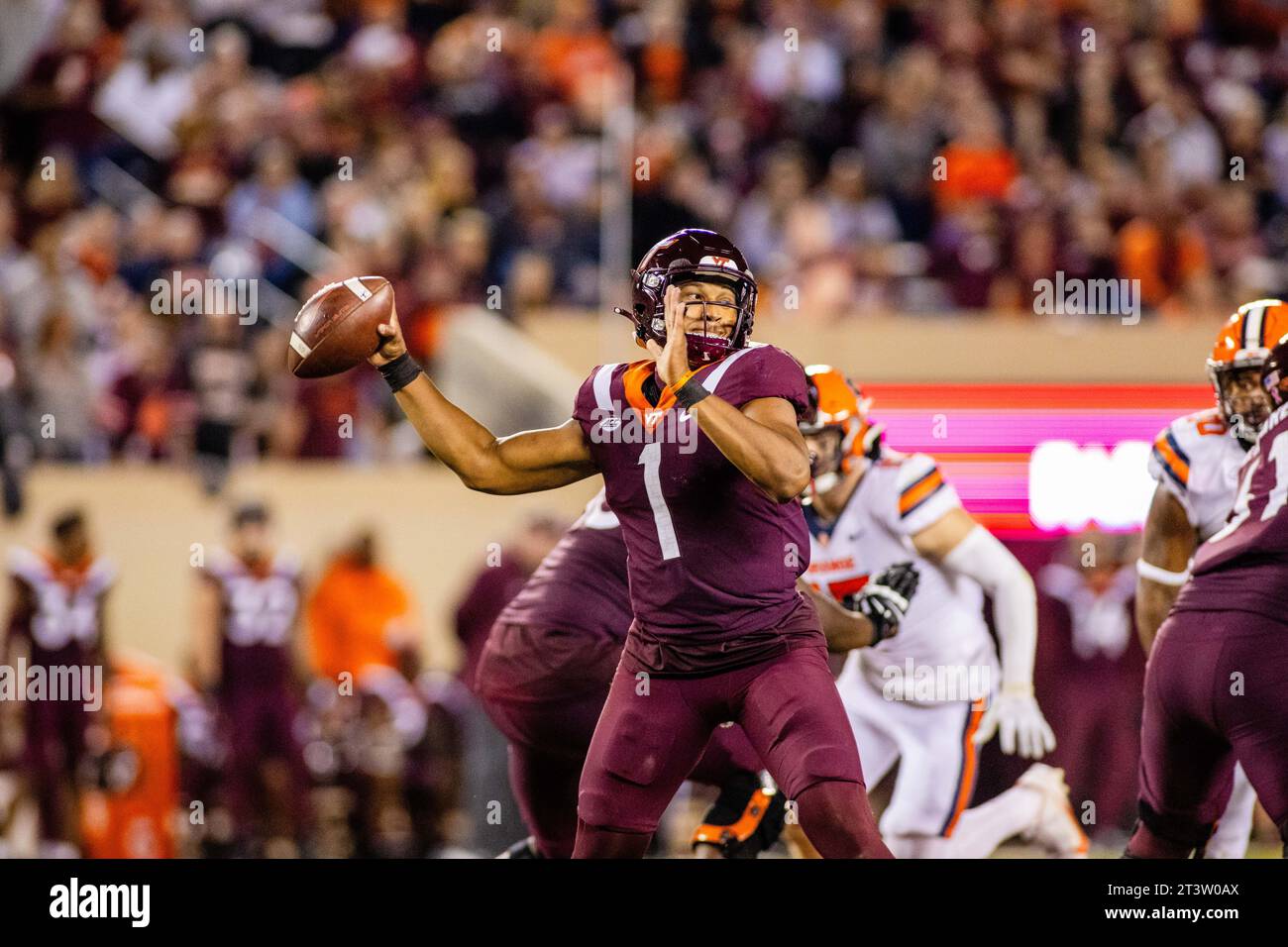 Blacksburg, VA, USA. 26th Oct, 2023. Virginia Tech Hokies quarterback Kyron Drones (1) throws on ...