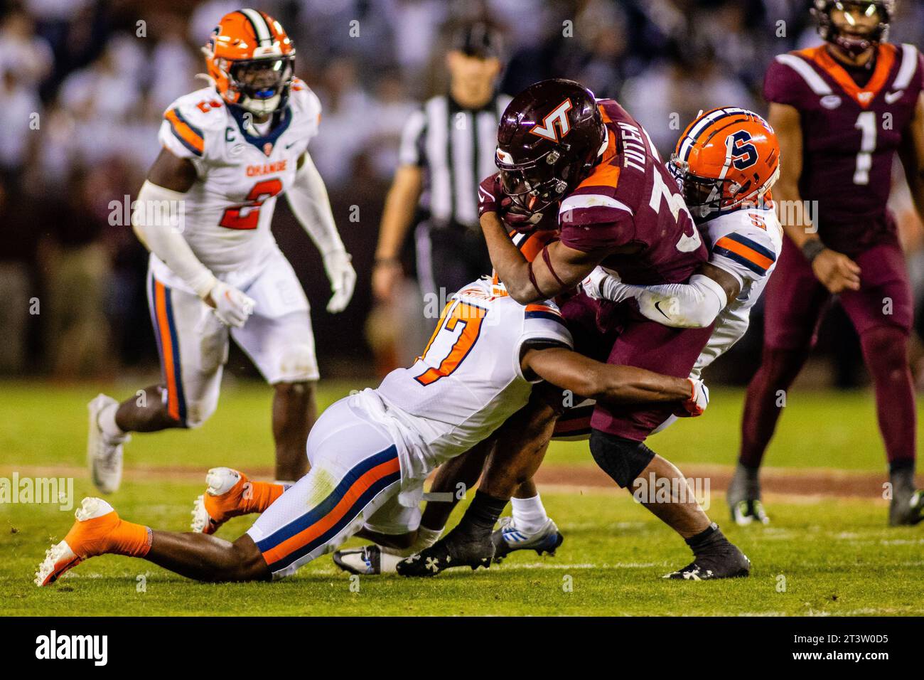 Blacksburg, VA, USA. 26th Oct, 2023. Virginia Tech Hokies running back Bhayshul Tuten (33) gets ...