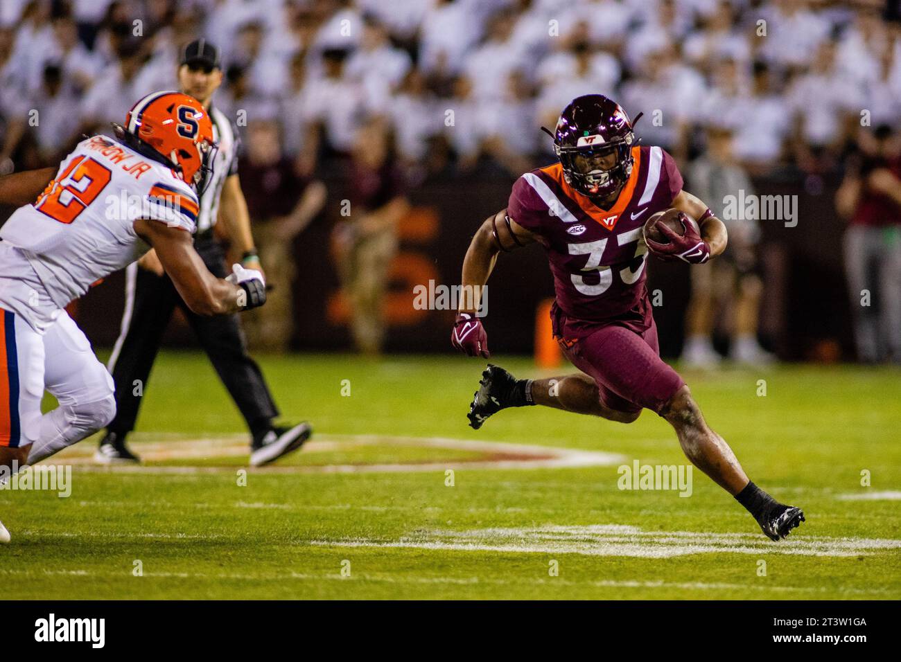Blacksburg, VA, USA. 26th Oct, 2023. Virginia Tech Hokies running back Bhayshul Tuten (33) gets ...
