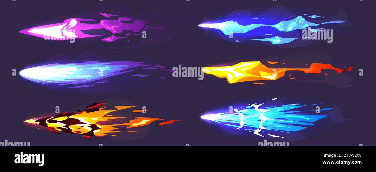 Game shoot frost and lightning vfx cartoon effect. Comic gun beam with ...